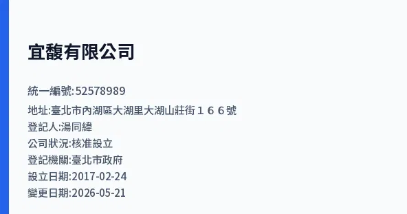 宜馥有限公司的照片-統編 52578989(臺北市) 公司登記資料與營業項目詳細圖表