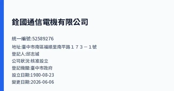 銓國通信電機有限公司的照片-統編 52589276(臺中市) 公司登記資料與營業項目詳細圖表