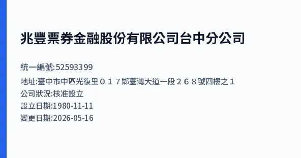 兆豐票券金融股份有限公司台中分公司的照片-統編 52593399(臺中市) 公司登記資料與營業項目詳細圖表