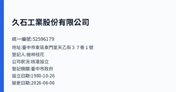 久石工業股份有限公司的照片-統編 52596179(臺中市) 公司登記資料與營業項目詳細圖表