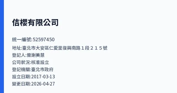 佶櫻有限公司的照片-統編 52597450(臺北市) 公司登記資料與營業項目詳細圖表