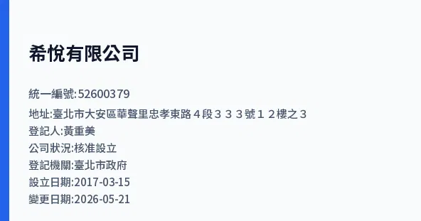 希悅有限公司的照片-統編 52600379(臺北市) 公司登記資料與營業項目詳細圖表