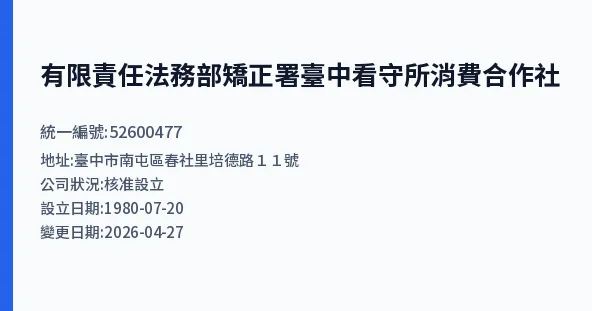 有限責任法務部矯正署臺中看守所消費合作社的照片-統編 52600477(臺中市) 公司登記資料與營業項目詳細圖表