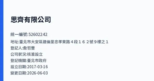 思齊有限公司的照片-統編 52602242(臺北市) 公司登記資料與營業項目詳細圖表