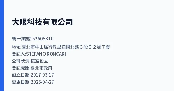 大眼科技有限公司的照片-統編 52605310(臺北市) 公司登記資料與營業項目詳細圖表