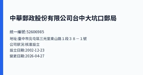 中華郵政股份有限公司台中大坑口郵局的照片-統編 52606985(臺中市) 公司登記資料與營業項目詳細圖表