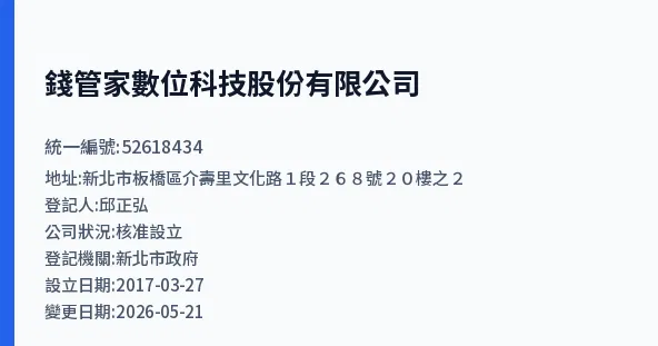 錢管家數位科技股份有限公司的照片-統編 52618434(新北市) 公司登記資料與營業項目詳細圖表