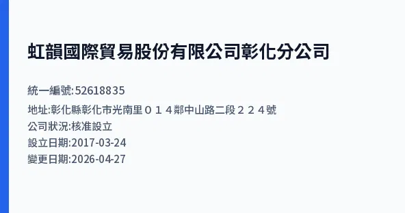 虹韻國際貿易股份有限公司彰化分公司的照片-統編 52618835(彰化縣) 公司登記資料與營業項目詳細圖表