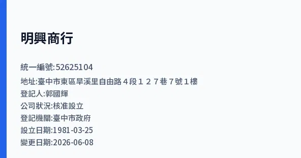 明興商行的照片-統編 52625104(臺中市) 公司登記資料與營業項目詳細圖表