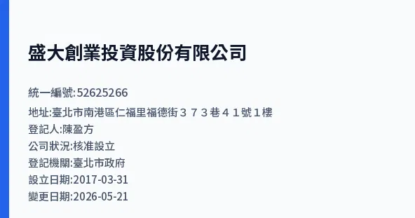 盛大創業投資股份有限公司的照片-統編 52625266(臺北市) 公司登記資料與營業項目詳細圖表