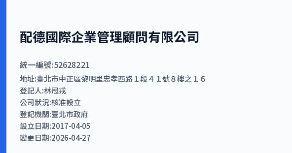 配德國際企業管理顧問有限公司的照片-統編 52628221(臺北市) 公司登記資料與營業項目詳細圖表