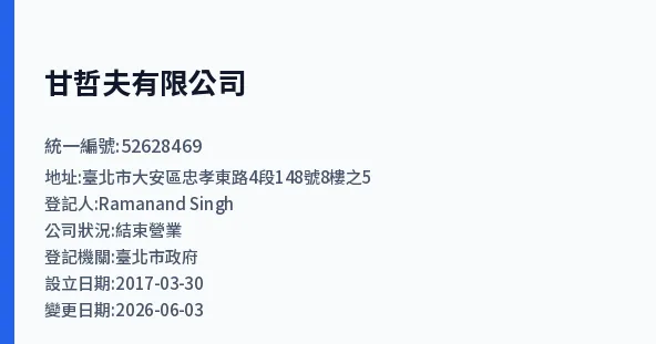 甘哲夫有限公司的照片-統編 52628469(臺北市) 公司登記資料與營業項目詳細圖表