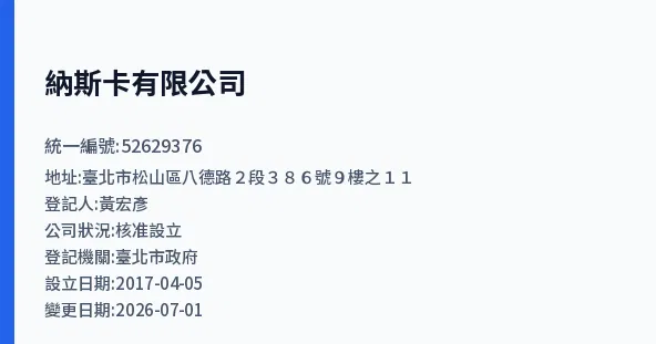 納斯卡有限公司的照片-統編 52629376(臺北市) 公司登記資料與營業項目詳細圖表