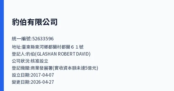 豹伯有限公司的照片-統編 52633596(臺東縣) 公司登記資料與營業項目詳細圖表
