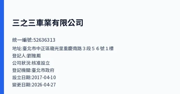 三之三車業有限公司的照片-統編 52636313(臺北市) 公司登記資料與營業項目詳細圖表