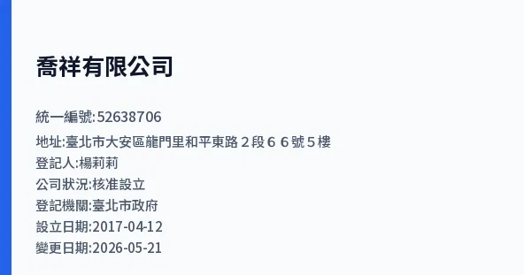 喬祥有限公司的照片-統編 52638706(臺北市) 公司登記資料與營業項目詳細圖表