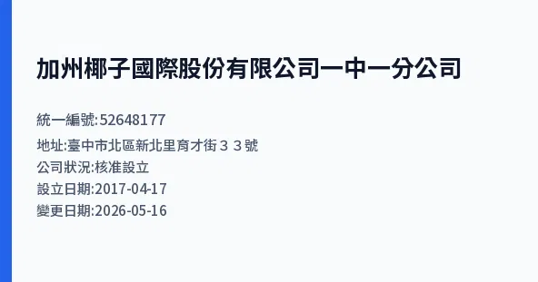 加州椰子國際股份有限公司一中一分公司的照片-統編 52648177(臺中市) 公司登記資料與營業項目詳細圖表