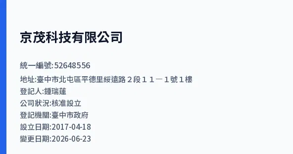 京茂科技有限公司的照片-統編 52648556(臺中市) 公司登記資料與營業項目詳細圖表