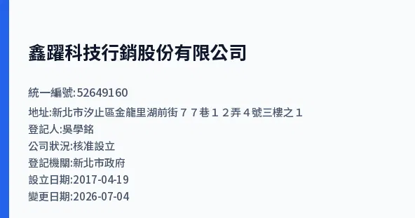 鑫躍科技行銷股份有限公司的照片-統編 52649160(新北市) 公司登記資料與營業項目詳細圖表