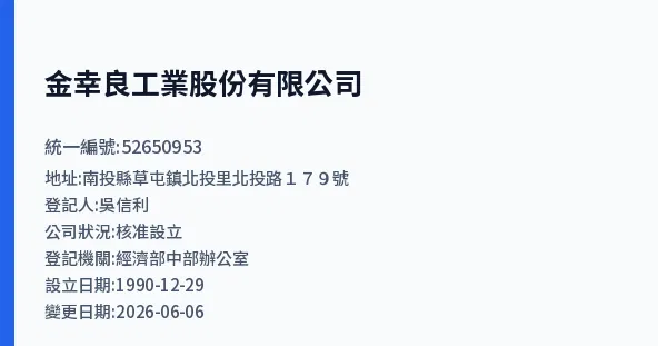 金幸良工業股份有限公司的照片-統編 52650953(南投縣) 公司登記資料與營業項目詳細圖表