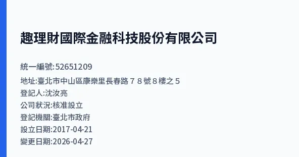 趣理財國際金融科技股份有限公司的照片-統編 52651209(臺北市) 公司登記資料與營業項目詳細圖表