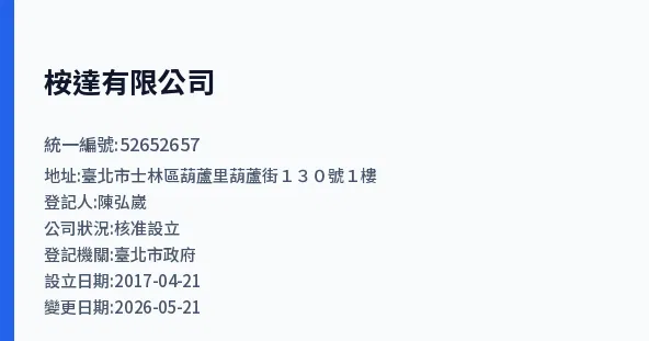 桉達有限公司的照片-統編 52652657(臺北市) 公司登記資料與營業項目詳細圖表