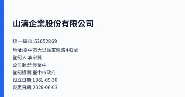 山濤企業股份有限公司的照片-統編 52652869(臺中市) 公司登記資料與營業項目詳細圖表