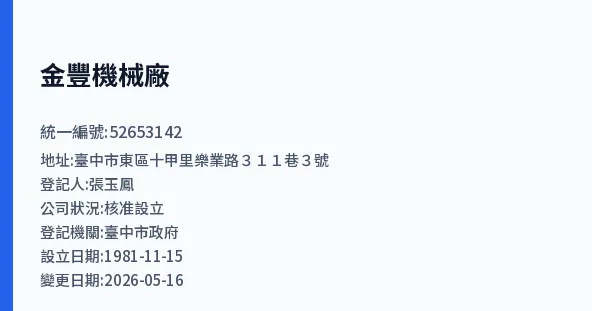 金豐機械廠的照片-統編 52653142(臺中市) 公司登記資料與營業項目詳細圖表