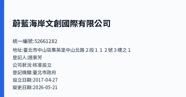 蔚藍海岸文創國際有限公司的照片-統編 52661282(臺北市) 公司登記資料與營業項目詳細圖表