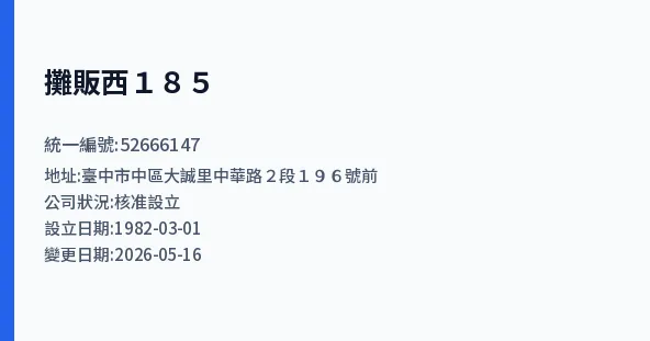 攤販西185的照片-統編 52666147(臺中市) 公司登記資料與營業項目詳細圖表