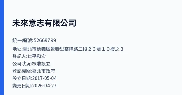 未來意志有限公司的照片-統編 52669799(臺北市) 公司登記資料與營業項目詳細圖表