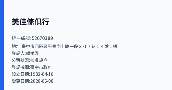美佳傢俱行的照片-統編 52670389(臺中市) 公司登記資料與營業項目詳細圖表