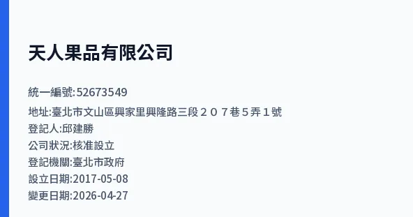 天人果品有限公司的照片-統編 52673549(臺北市) 公司登記資料與營業項目詳細圖表