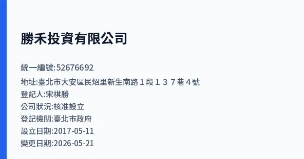 勝禾投資有限公司的照片-統編 52676692(臺北市) 公司登記資料與營業項目詳細圖表