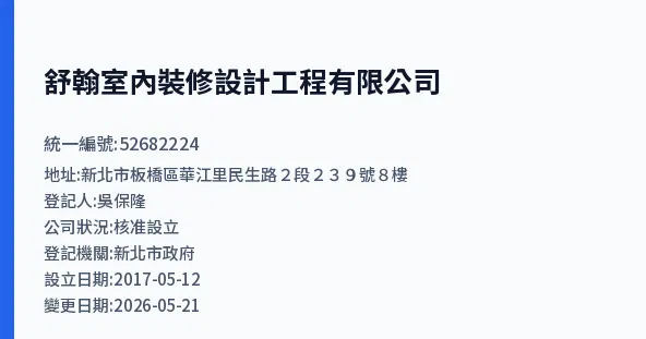 舒翰室內裝修設計工程有限公司的照片-統編 52682224(新北市) 公司登記資料與營業項目詳細圖表