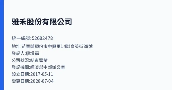 雅禾股份有限公司的照片-統編 52682478(苗栗縣) 公司登記資料與營業項目詳細圖表