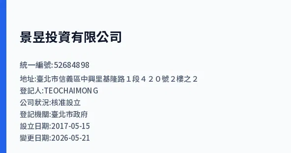景昱投資有限公司的照片-統編 52684898(臺北市) 公司登記資料與營業項目詳細圖表