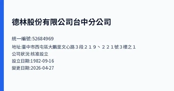 德林股份有限公司台中分公司的照片-統編 52684969(臺中市) 公司登記資料與營業項目詳細圖表