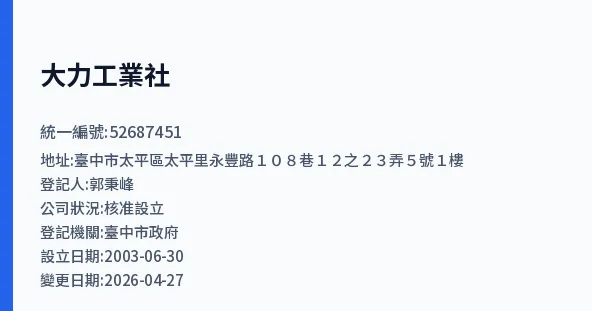 大力工業社的照片-統編 52687451(臺中市) 公司登記資料與營業項目詳細圖表