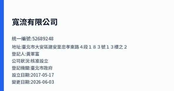 寬流有限公司的照片-統編 52689248(臺北市) 公司登記資料與營業項目詳細圖表