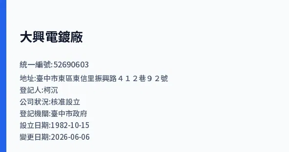 大興電鍍廠的照片-統編 52690603(臺中市) 公司登記資料與營業項目詳細圖表
