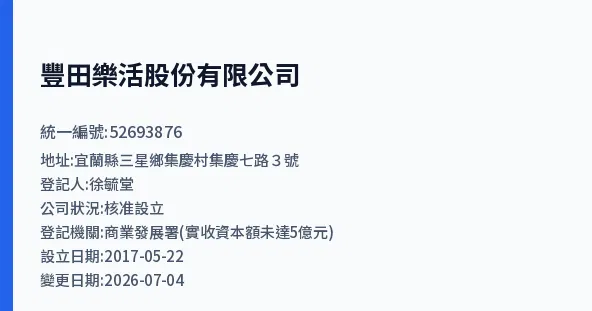 豐田樂活股份有限公司的照片-統編 52693876(宜蘭縣) 公司登記資料與營業項目詳細圖表