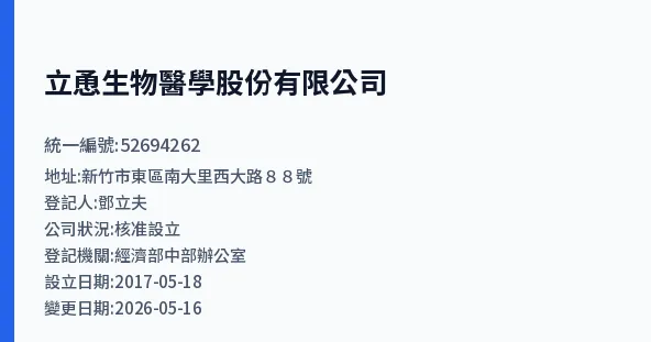 立恿生物醫學股份有限公司的照片-統編 52694262(新竹市) 公司登記資料與營業項目詳細圖表