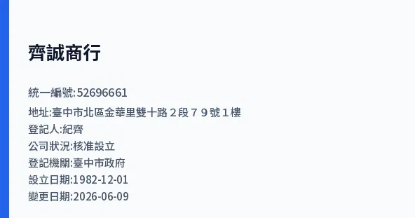 齊誠商行的照片-統編 52696661(臺中市) 公司登記資料與營業項目詳細圖表