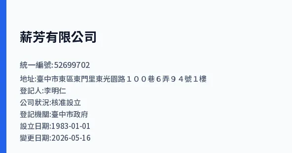 薪芳有限公司的照片-統編 52699702(臺中市) 公司登記資料與營業項目詳細圖表