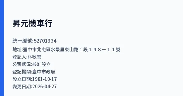 昇元機車行的照片-統編 52701334(臺中市) 公司登記資料與營業項目詳細圖表