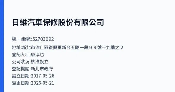 日維汽車保修股份有限公司的照片-統編 52703092(新北市) 公司登記資料與營業項目詳細圖表