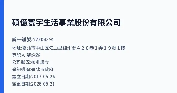 碩億寰宇生活事業股份有限公司的照片-統編 52704395(臺北市) 公司登記資料與營業項目詳細圖表