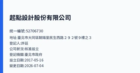 起點設計股份有限公司的照片-統編 52706730(臺北市) 公司登記資料與營業項目詳細圖表