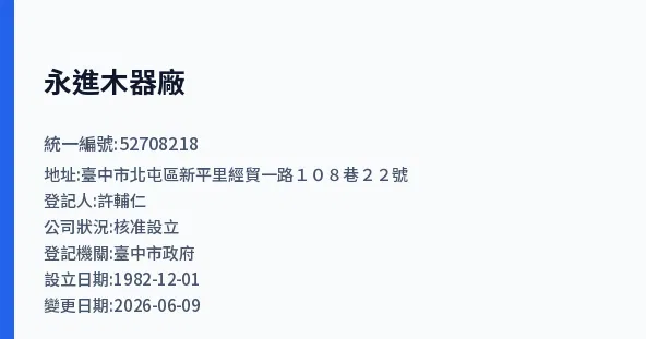 永進木器廠的照片-統編 52708218(臺中市) 公司登記資料與營業項目詳細圖表